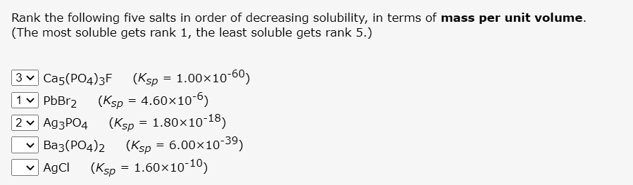 SOLVED: Rank the following five salts in order of decreasing solubility, in terms of mass per ...