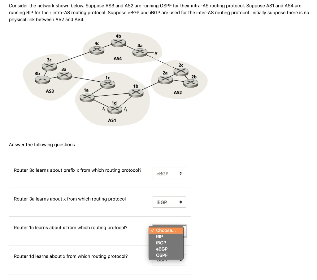 SOLVED: Consider the network shown below: Suppose AS3 and AS2 are running OSPF for their intra ...