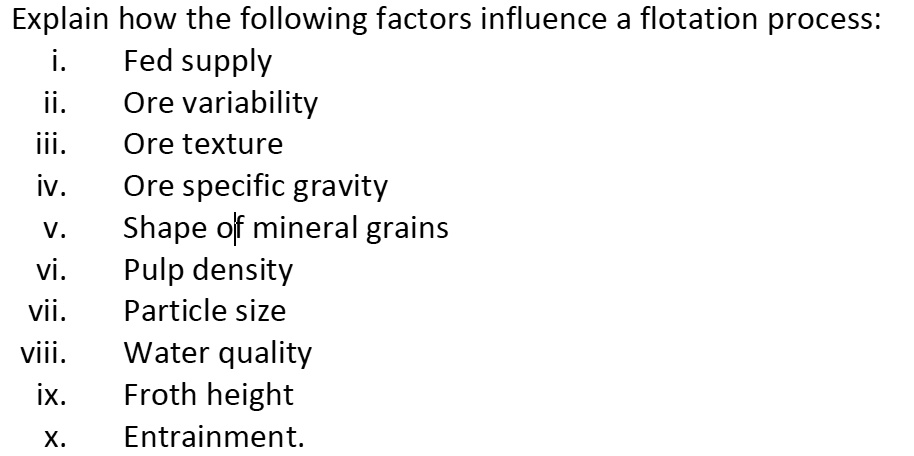 SOLVED: Explain how the following factors influence a flotation process: i. Fed supply ii. Ore ...