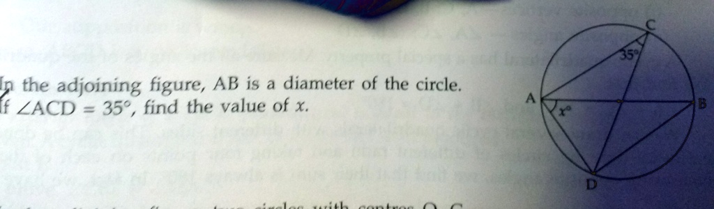 SOLVED: The adjoining figure AB is a diameter of the circle. If angle ACD is equal to 35 degrees ...