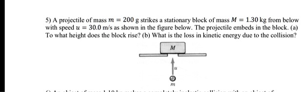 SOLVED: 5) A projectile of mass m 200 strikes stationary block of mass ...