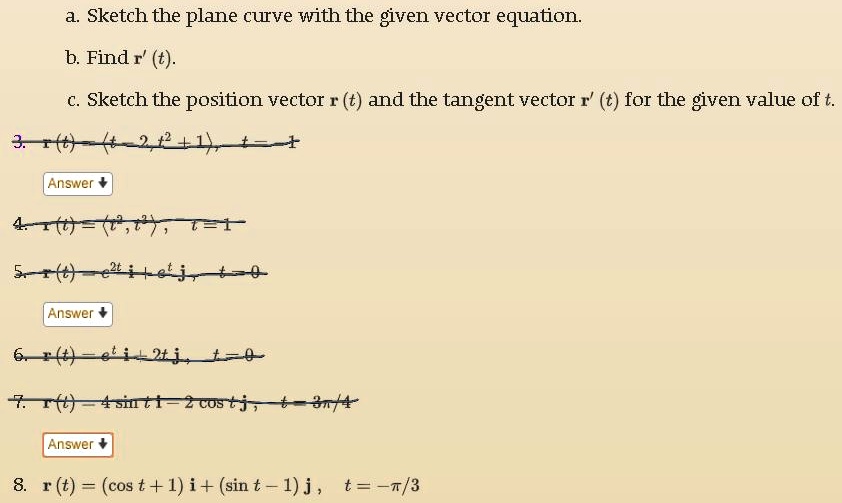 SOLVED: a. Sketch the plane curve with the given vector equation: b Find r' (t). Sketch the ...