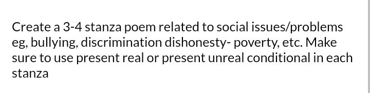 SOLVED: Create a 3-4 stanza poem related to social issues/problems eg ...