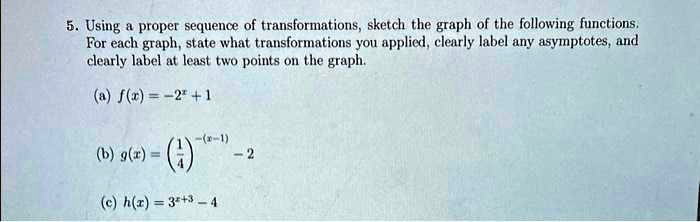 5. Using a proper sequence of transformations, sketch the graph of the following functions.For ...