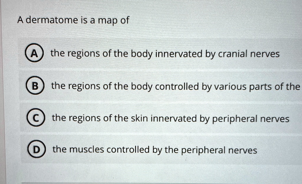 A dermatome is a map of A the regions of the body innervated by cranial ...
