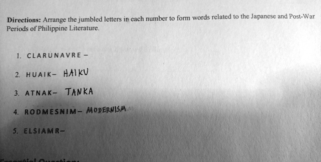 SOLVED: 'tulong po ano ito number 1 nalang at number 5. Directions: Arrange the jumbled letters ...