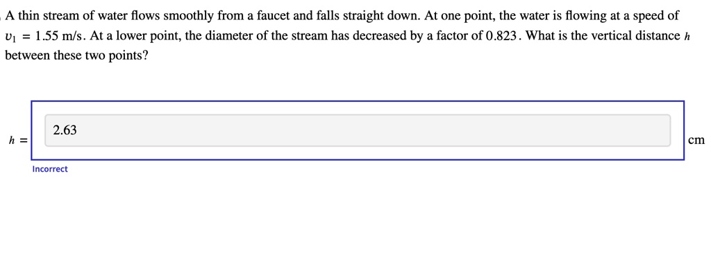 A thin stream of water flows smoothly from a faucet and falls straight ...