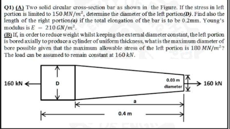 Q1) (A) Two solid circular cross-section bar as shown in the Figure. If ...