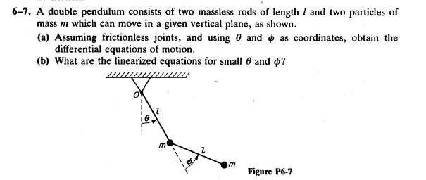 6-7. A double pendulum consists of two massless rods of length / and two particles of mass m ...