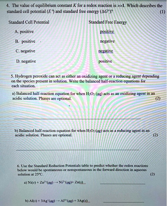 SOLVED: The value of the equilibrium constant K for a redox reaction is ...