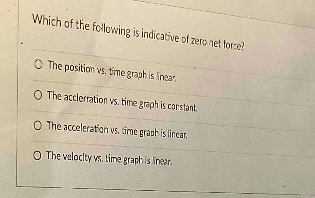 SOLVED: Which of the following is indicative of zero net force? The ...