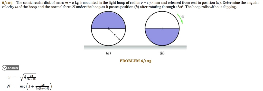 6/105 The semicircular disk of mass m = 2 kg is mounted in the light ...