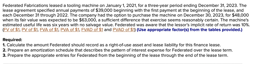 SOLVED: Federated Fabrications leased a tooling machine on January 1, 2021, for a three-year ...