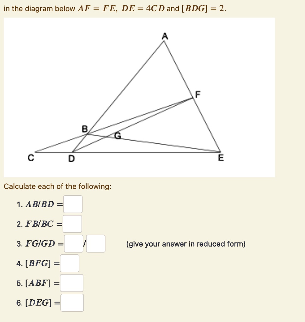 SOLVED: In the diagram below, AF = FE, DE = 4CD, and [BDG] = 2. B D E ...