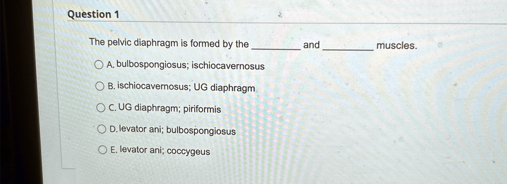 Question 1 The pelvic diaphragm is formed by the and muscles. A ...