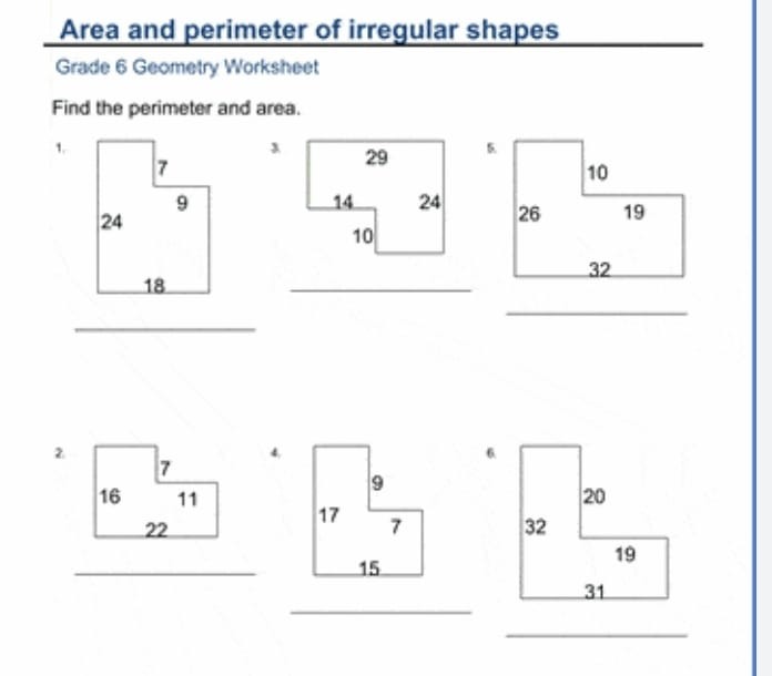 Area and perimeter of irregular shapes Grade 6 Geometry Worksheet Find ...