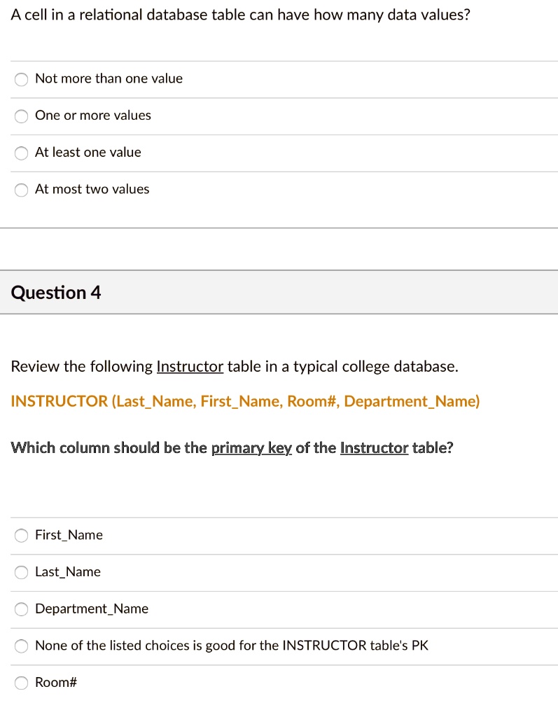 Solved A Cell In A Relational Database Table Can Have How Many Data 4356