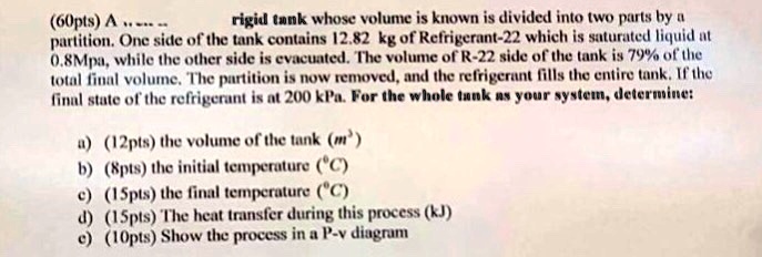 SOLVED: A rigid tank, whose volume is known, is divided into two parts ...