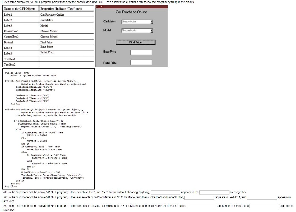 Solved Review The Completed Vbnet Program Below That Is For The Shown Table And Gui Then