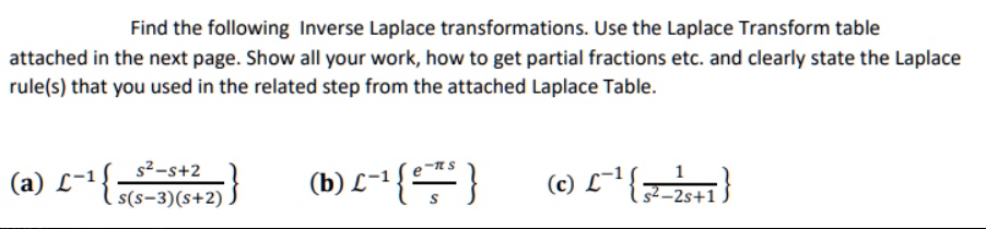 SOLVED: Solve the following Inverse Laplace transformations for (a), (b), and (c). Laplace ...