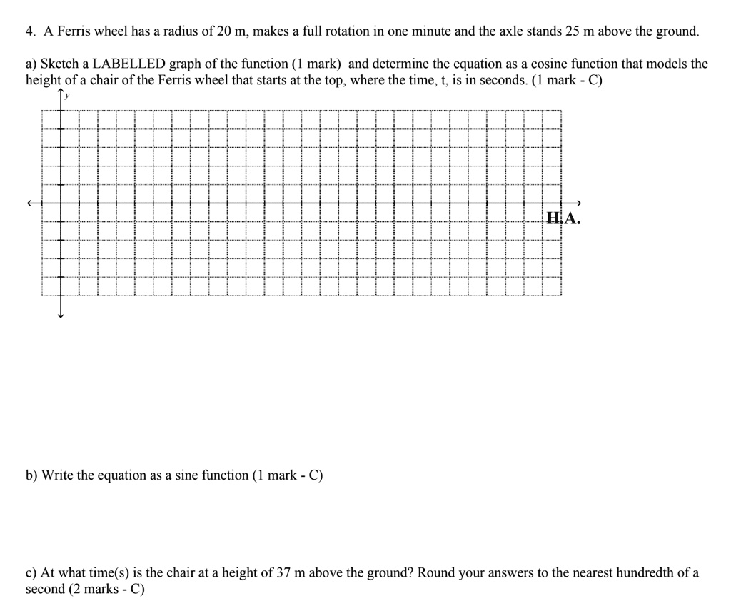 4. A Ferris wheel has a radius of 20 m, makes a full rotation in one ...