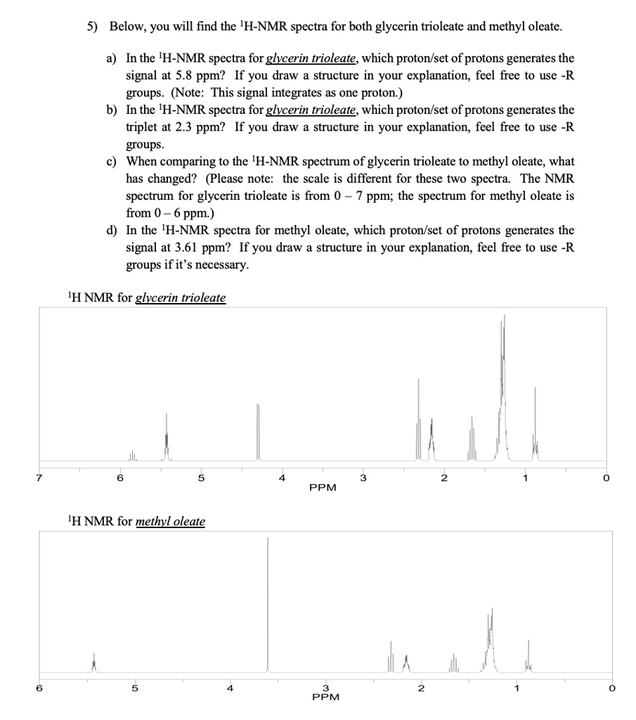 SOLVED: 5) Below, you will find the 'H-NMR spectra for both glycerin ...