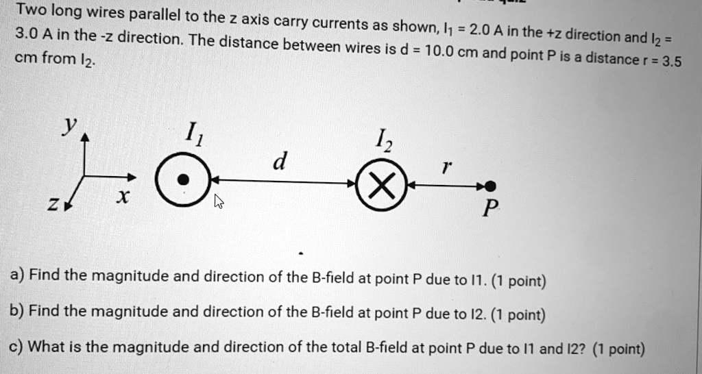 two long wires parallel to the z axis carry 30 a in the 2 direction ...