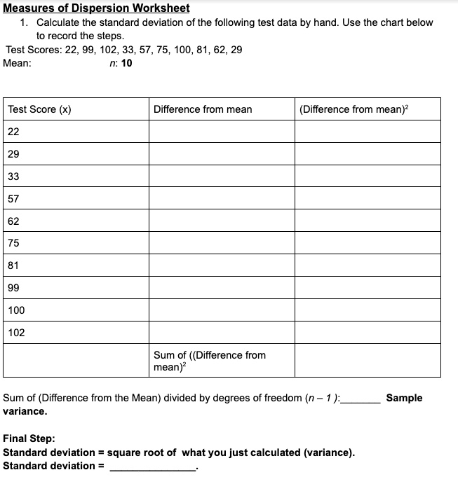 SOLVED: Measures of Dispersion Worksheet 1: Calculating Standard ...