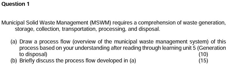 SOLVED: Municipal Solid Waste Management (MSWM) requires a comprehension of waste generation ...