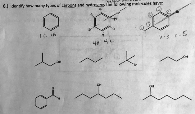 SOLVED: 6.) Identify how many types of carbons and hydrogens the following molecules have: 40 4 ...