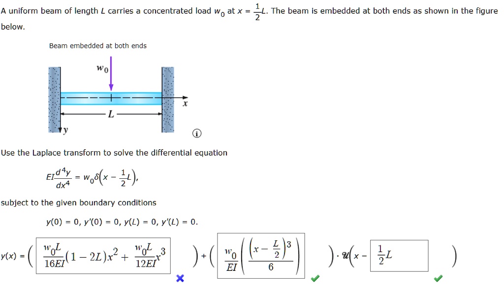 A uniform beam of length L carries a concentrated load w0 at x = (1)/(2 ...