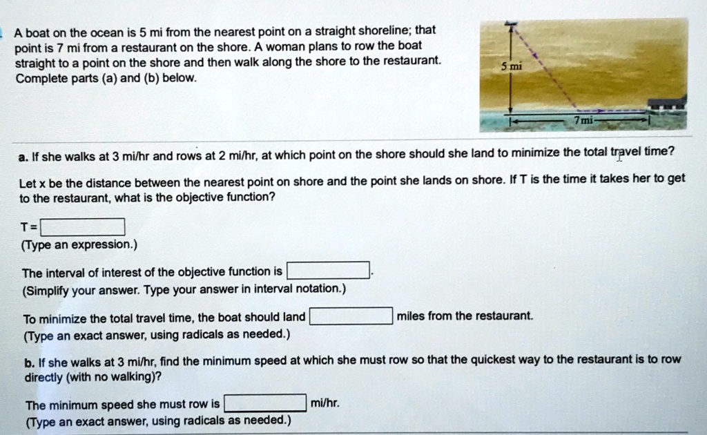 A boat on the ocean is 5 mi from the nearest point on a...