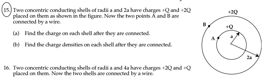 two concentric conducting shells of radii a and 2a have charges q and 2q placed on them as shown ...