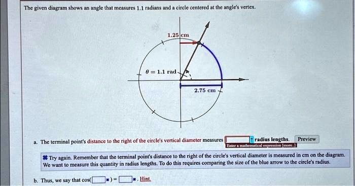 the given diagram shows an angle that measures 11 radians and a circle ...