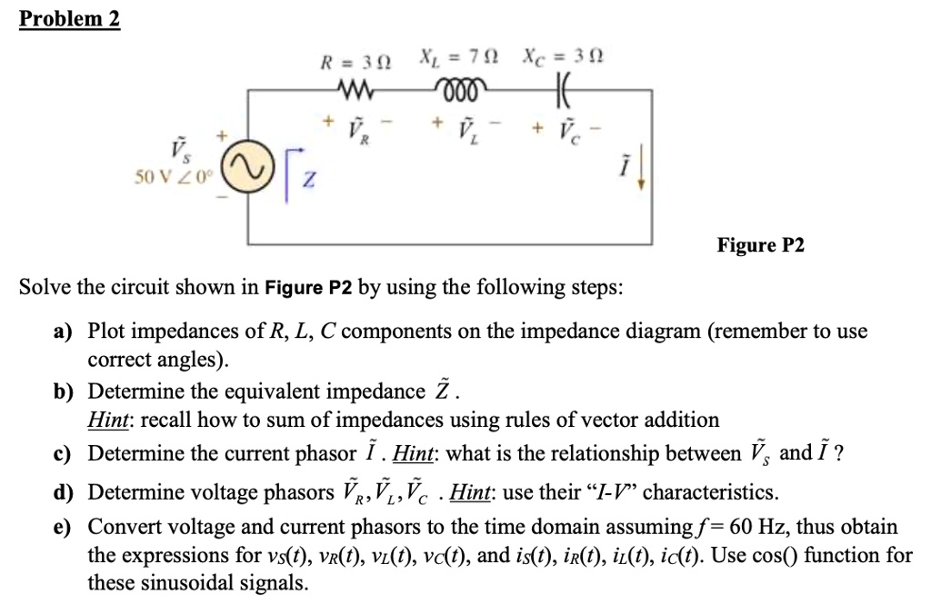 Problem 2 + Ṽs 50 V ∠0^∘Z̃ R = 3 ΩωXL = 7 ΩXC = 3 Ωω+ + ṼR -ṼL + ṼC - Figure P2 Solve the ...