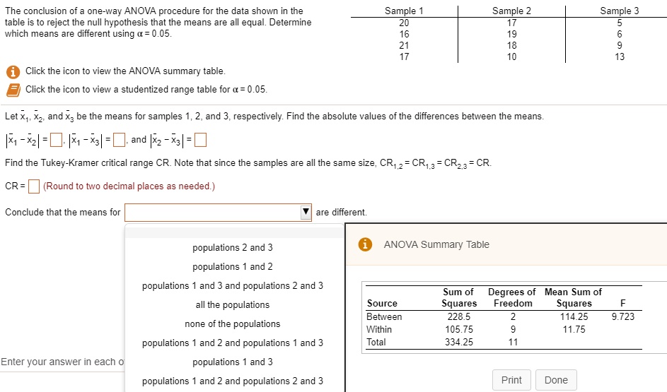SOLVED: The conclusion of the one-way ANOVA procedure for the data ...