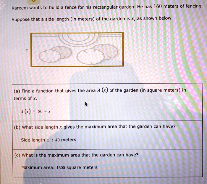 kareem wants to build fence for his rectangular garden he has 160 ...