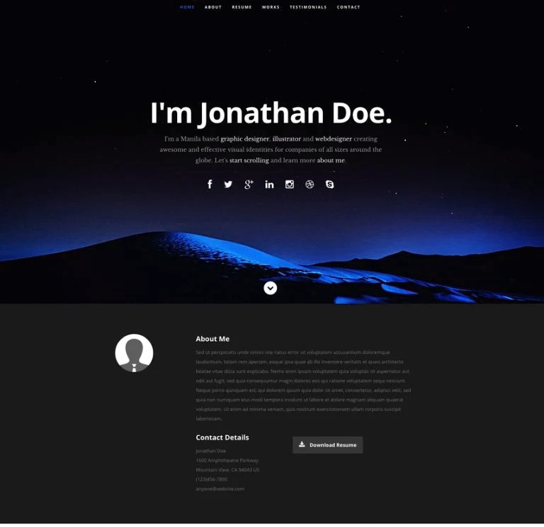 HOME ABOUT RESUME WORKS TESTIMONIALS CONTACT I'm Jonathan Doe. I'm a ...
