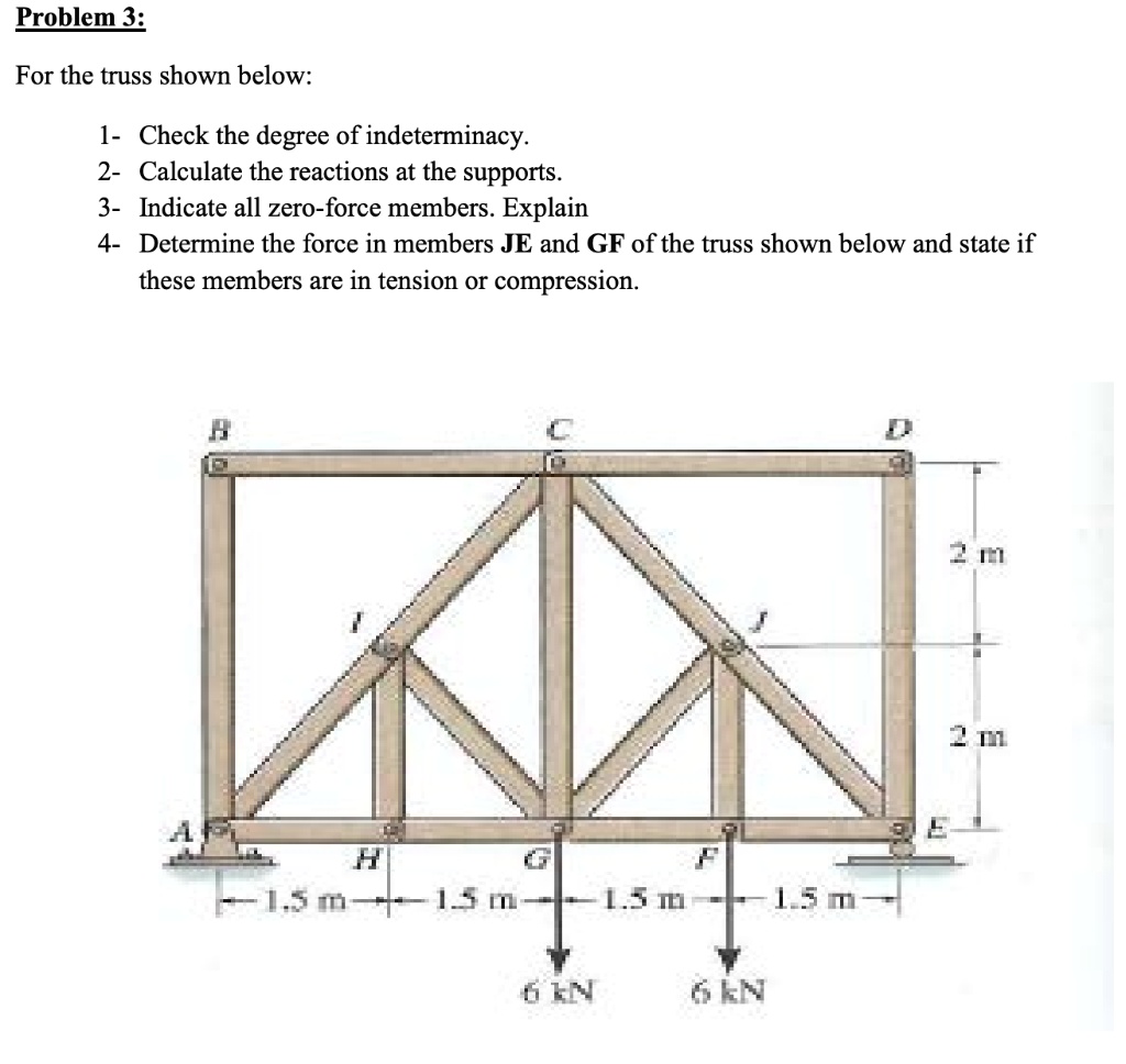 SOLVED: Problem 3: For the truss shown below: 1- Check the degree of indeterminacy. 2- Calculate ...