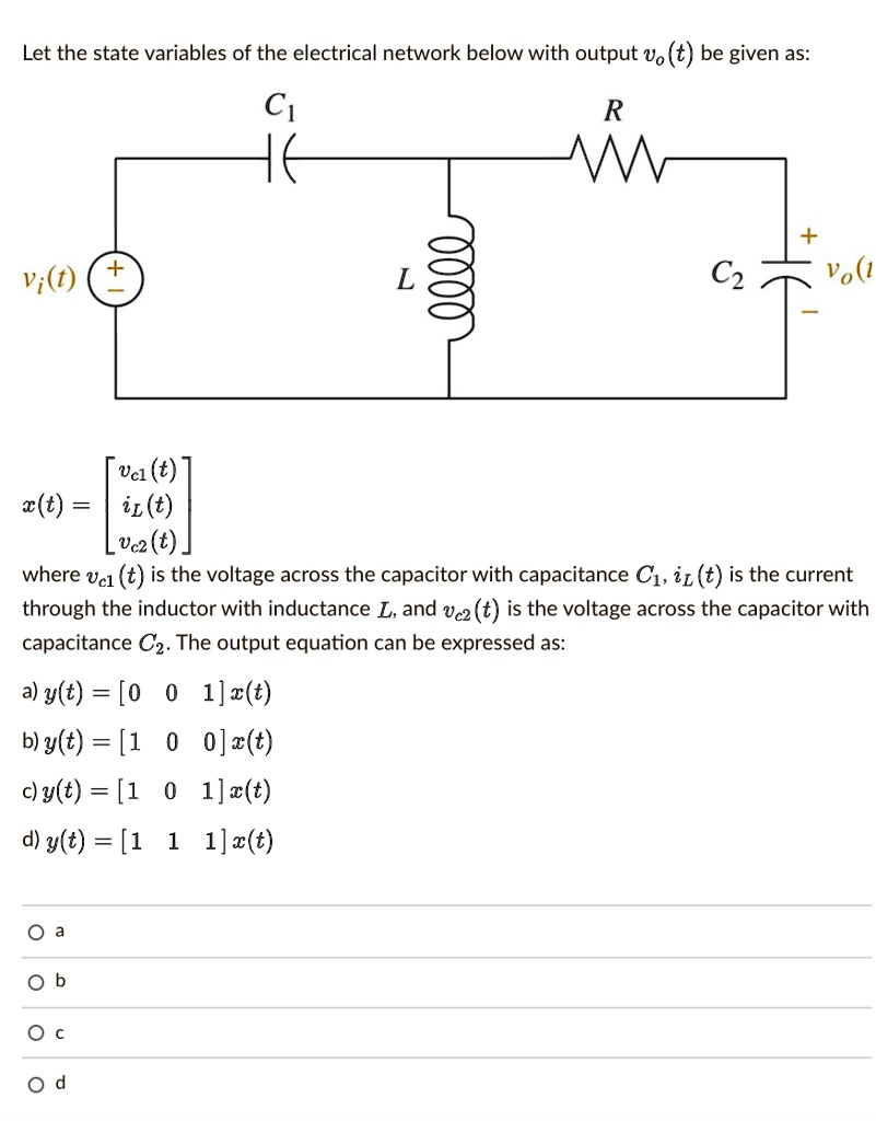 Let the state variables of the electrical network below with output vo(t) be given as: C1 vi(t ...
