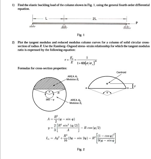 SOLVED: 1) Find the elastic buckling load of the column shown in Fig. 1, using the general ...