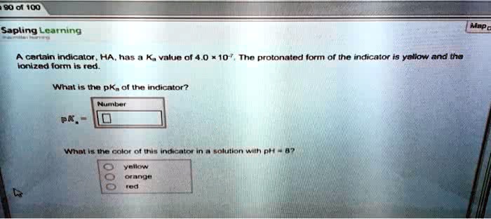 A certain indicator, HA, has a Ka value of 4.0 × 10^-7. The protonated form of the indicator is ...