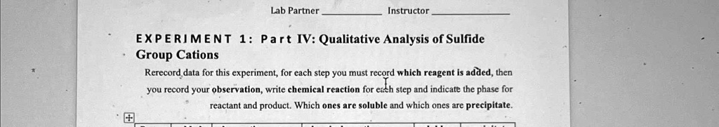 lab partner instructor experiment 1 part iv qualitative analysis of sulfide group cations ...
