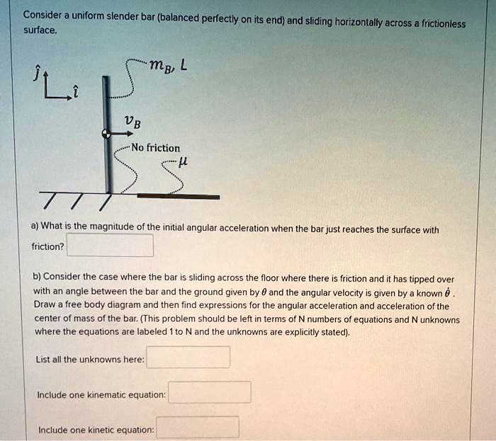 SOLVED: Consider a uniform slender bar (balanced perfectly on its end) and sliding horizontally ...
