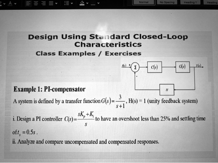 Solved Design Using Standard Closed Loop Characteristics Class Examplesexercises Cs Gs Y