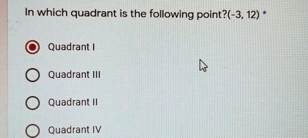 SOLVED: In which quadrant is the following point? (-3, 12) Quadrant / Quadrant III Quadrant II ...