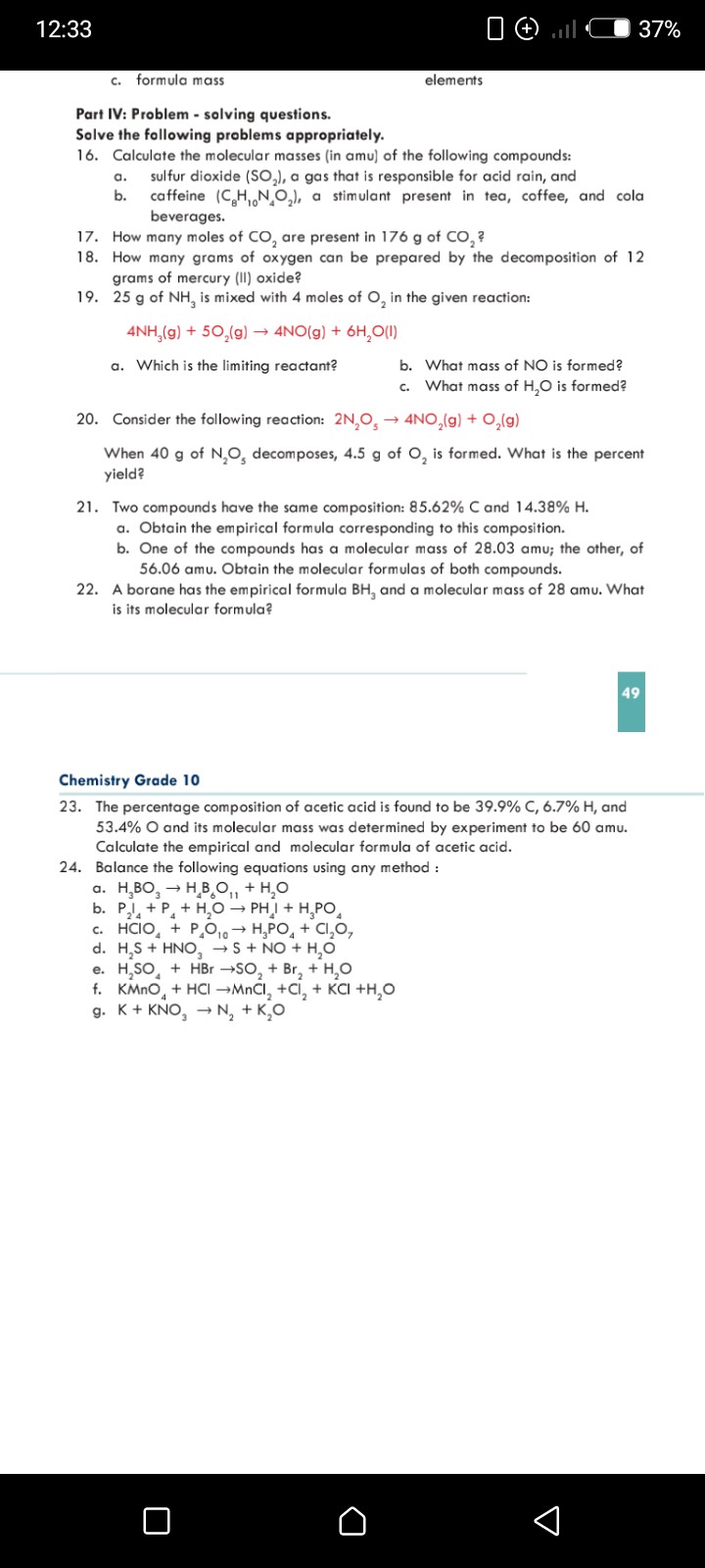 12: 33 37 % c. formula mass elements Part IV: Problem - solving ...