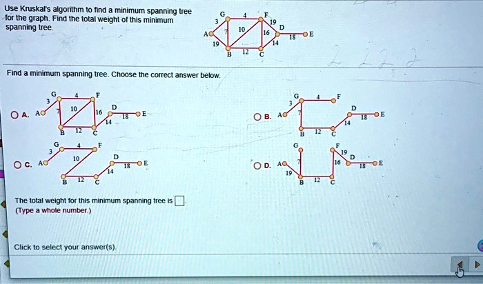 SOLVED: Use Kruskal's algorithm to find the minimum spanning tree for ...