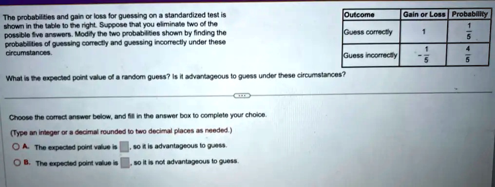 SOLVED: The probabilities and gain or loss for guessing on a ...