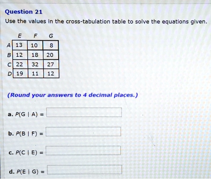 SOLVED: Question 21 Use the values in the cross-tabulation table to ... SOLVED: Question 21 Use the values in the cross-tabulation table to ...